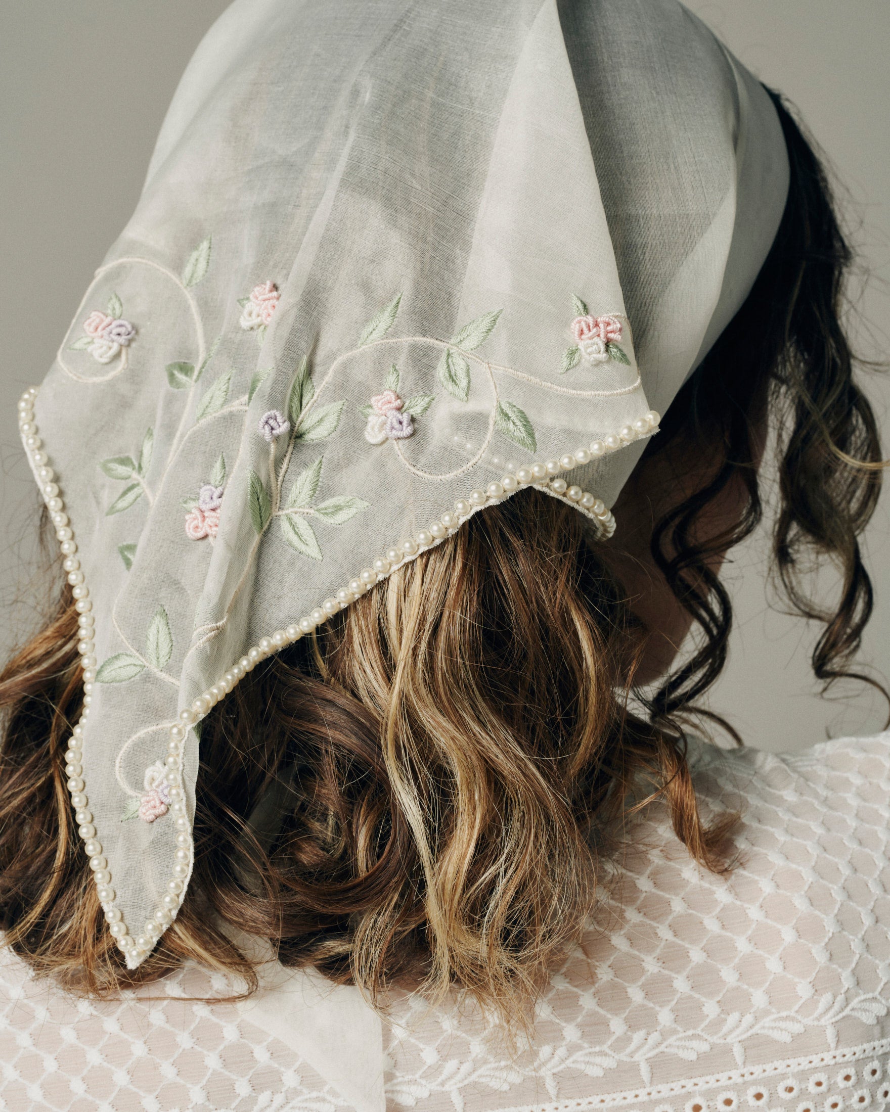 ANGEL EMBROIDERED SILK PEARL HAIR SCARF
